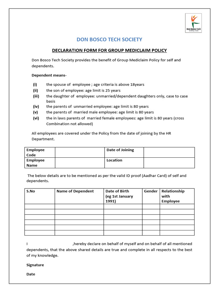 Group Mediclaim Declaration | PDF