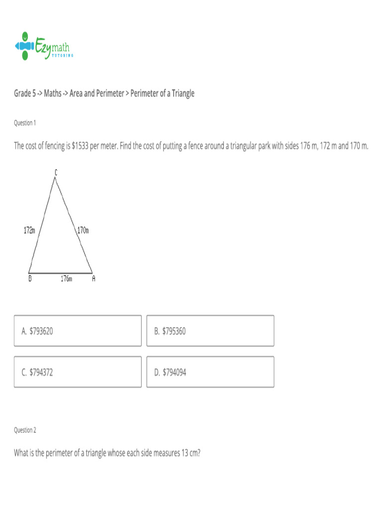 Year 5 - Maths Worksheet - Area and Perimeter - Perimeter of A Triangle ...
