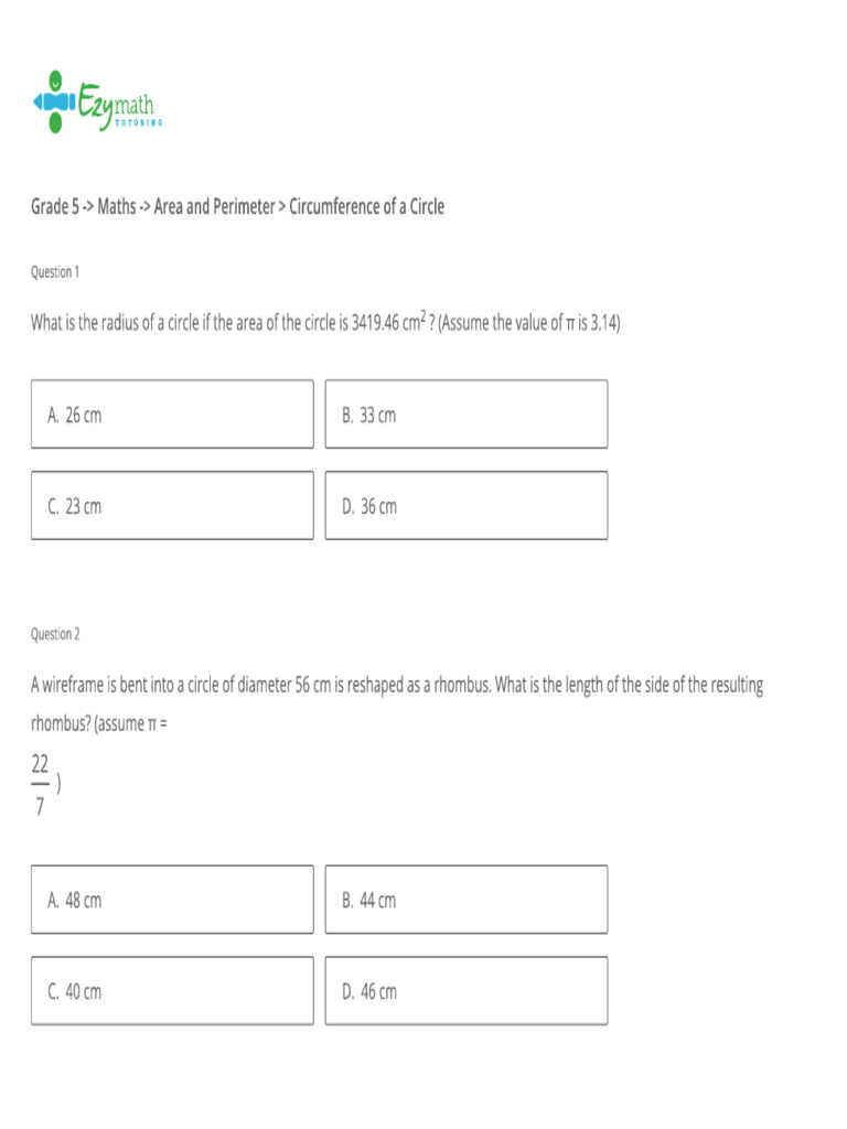 Year 5 - Maths Worksheet Area and Perimeter - Circumference of A Circle ...