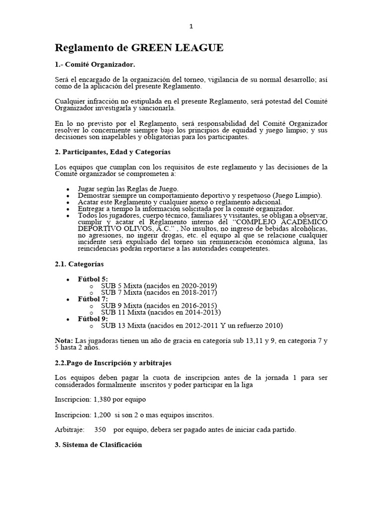 Reglamento del Torneo GREEN LEAGUE | PDF | Asociación de Futbol ...
