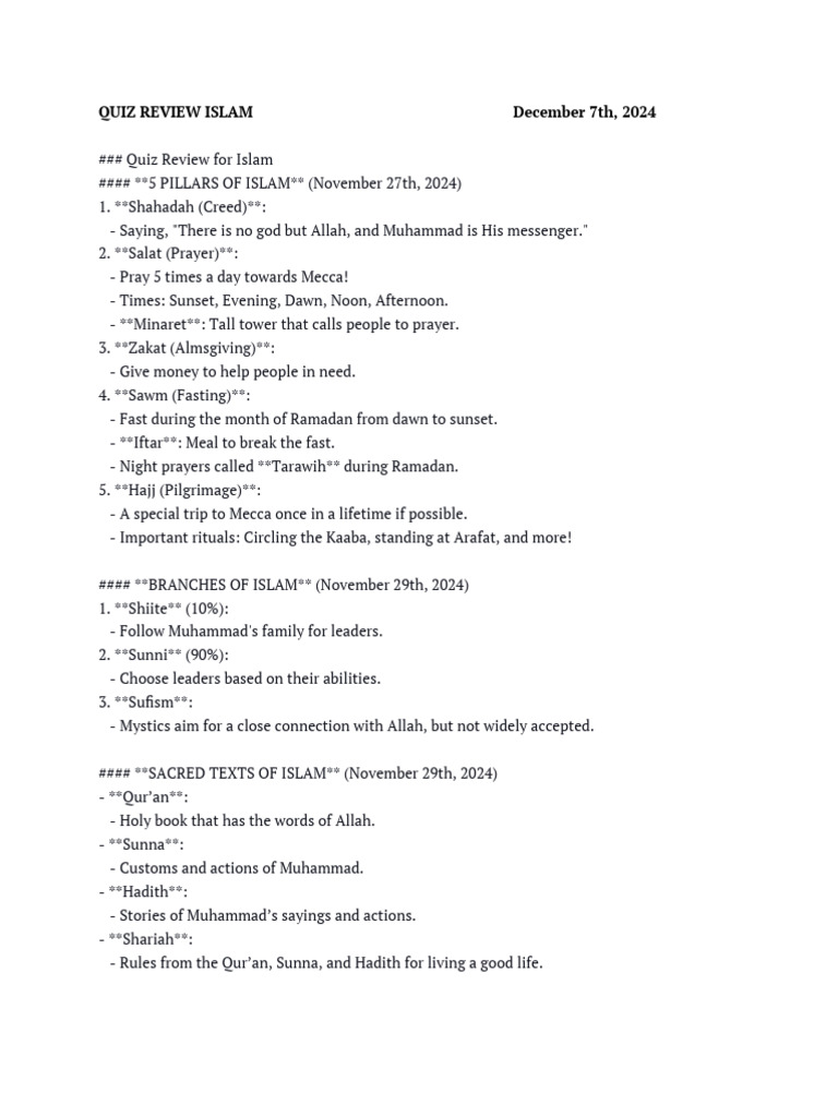 QUIZ REVIEW ISLAM | PDF | Hajj | Hadith