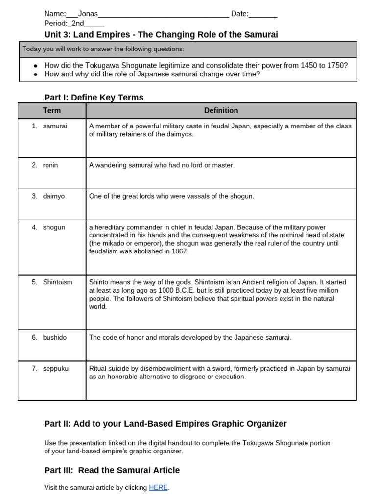Unit 3 - Samurai Inquiry Lesson (APWH Student Handout) | PDF | Samurai ...