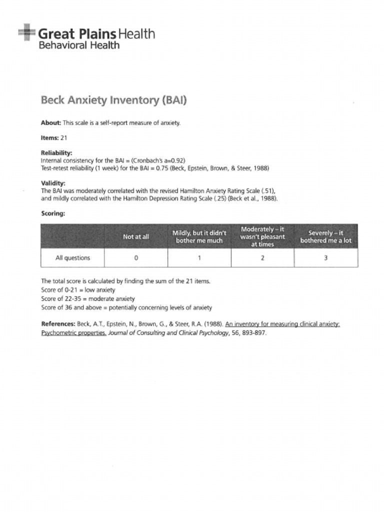 Beck Anxiety Inventory (English Version) | PDF