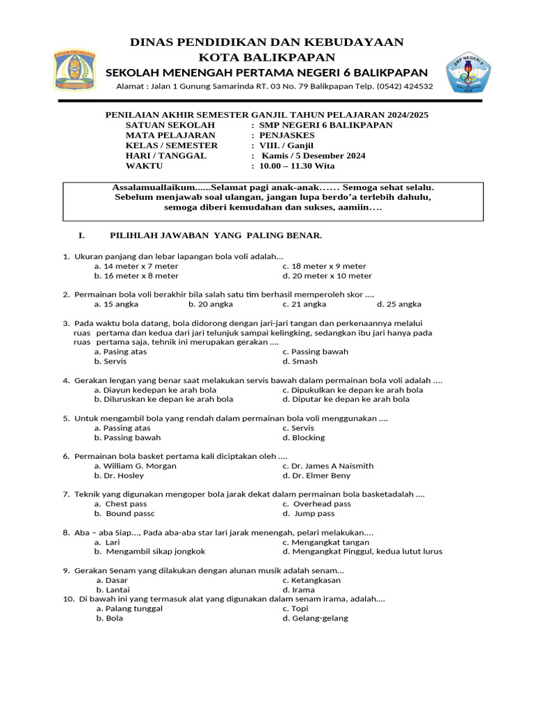 SOAL PJOK VIII PAS GANJIL 2024-2025 | PDF