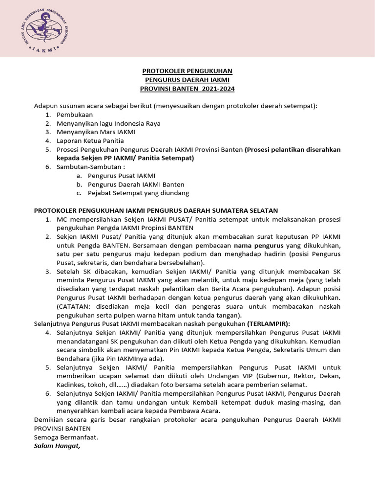 PROTOKOLER PENGUKUHAN PENGDA BANTEN 2021-2024 | PDF