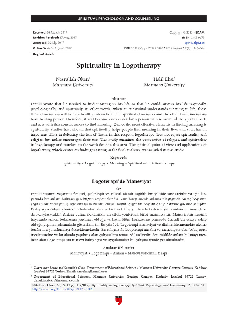 Spirituality in Logotherapy Author Nesrullah Okan, Halil Ekşi | PDF | Psychology