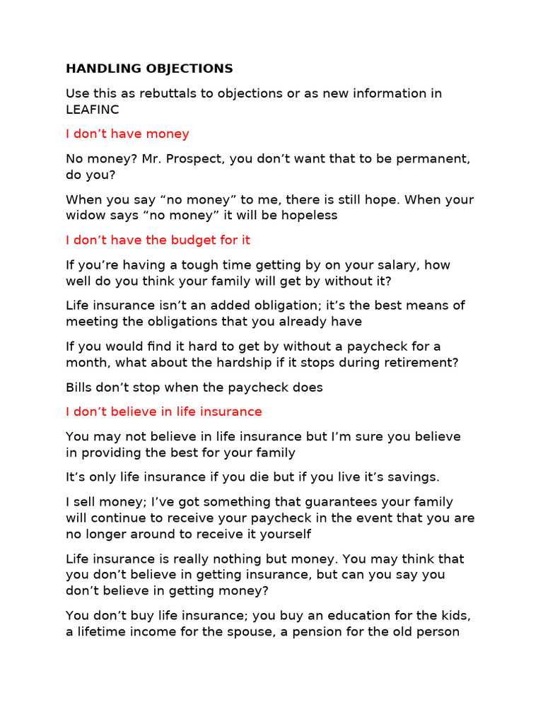 Effective Rebuttals for Life Insurance Objections | PDF | Life ...
