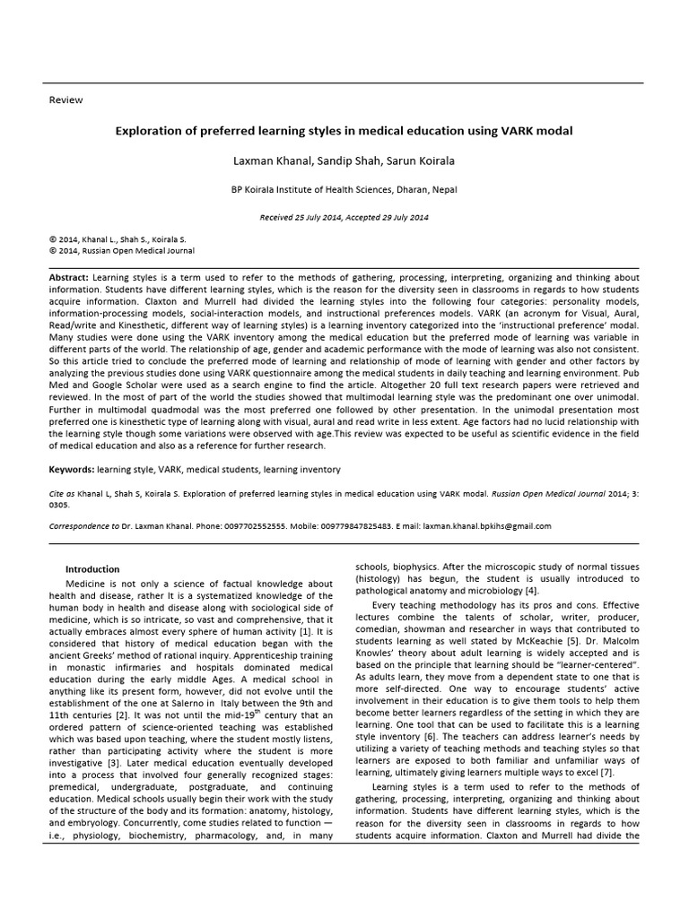 Exploration of Preferred Learning Styles in Medical Education Using ...