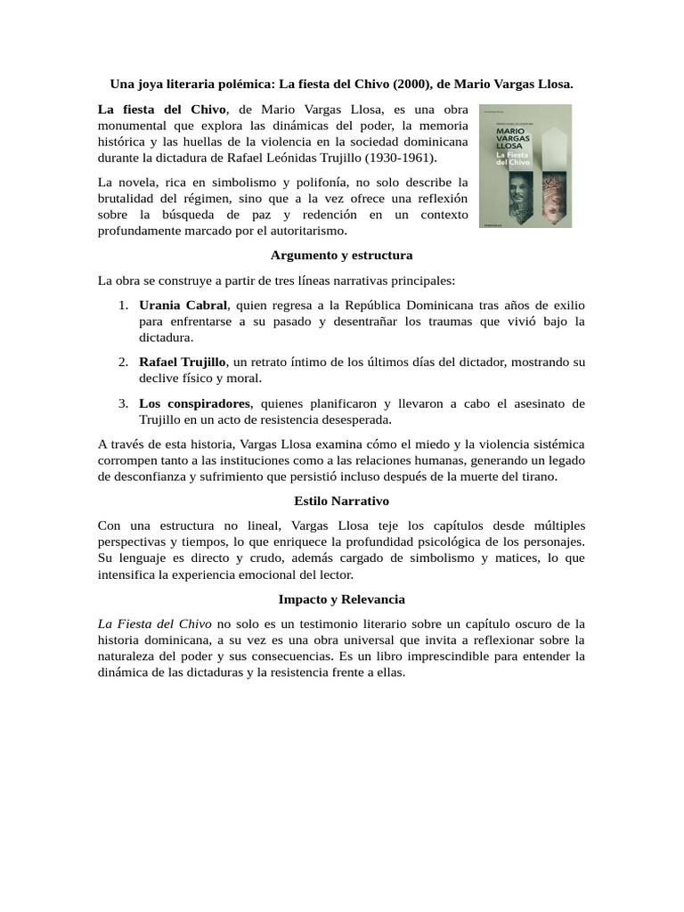 Una Joya Literaria Polémica, La Fiesta Del Chivo (2000), de Mario ...