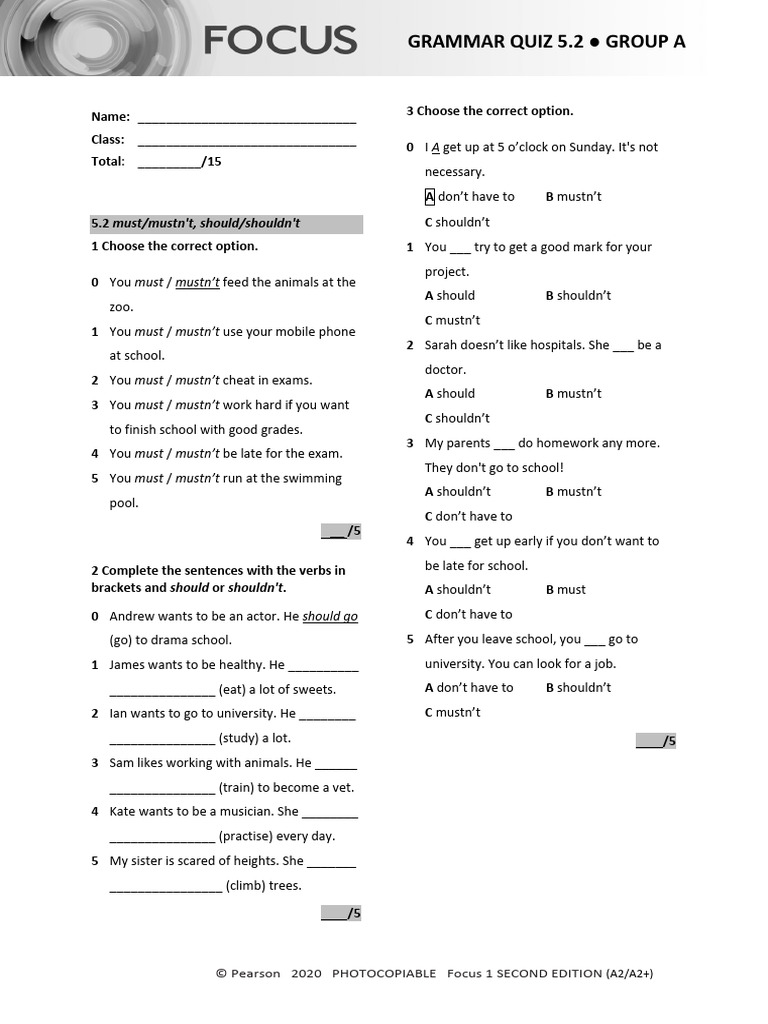 Focus1_2E_Grammar_Quiz_Unit5_2_GroupA | PDF | Linguistic Typology | Linguistic Morphology