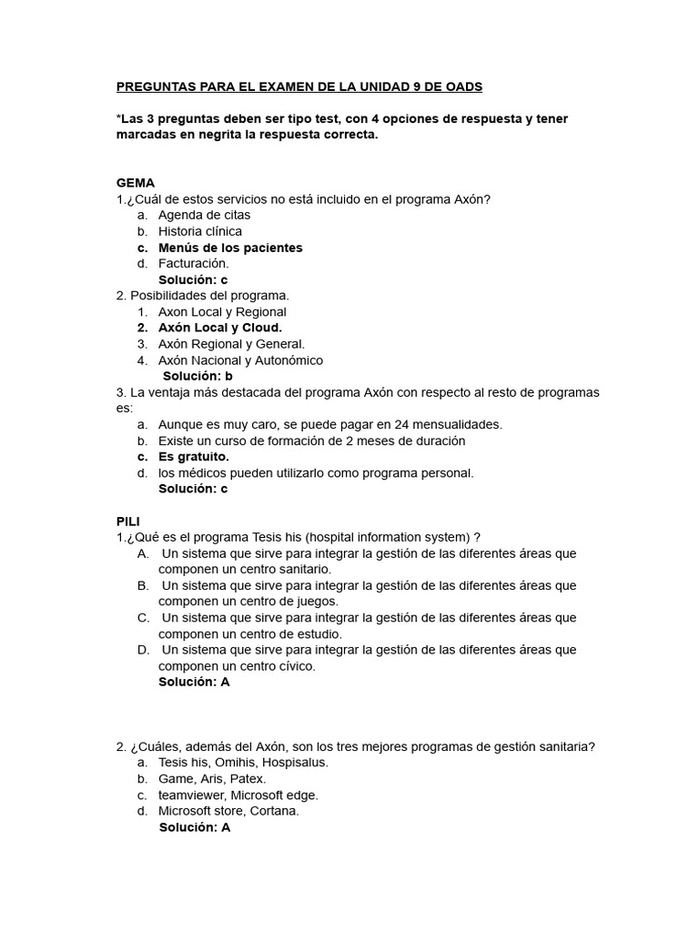 Preguntas Examen Unidad 9 OADS | PDF | Historial médico | Hospital