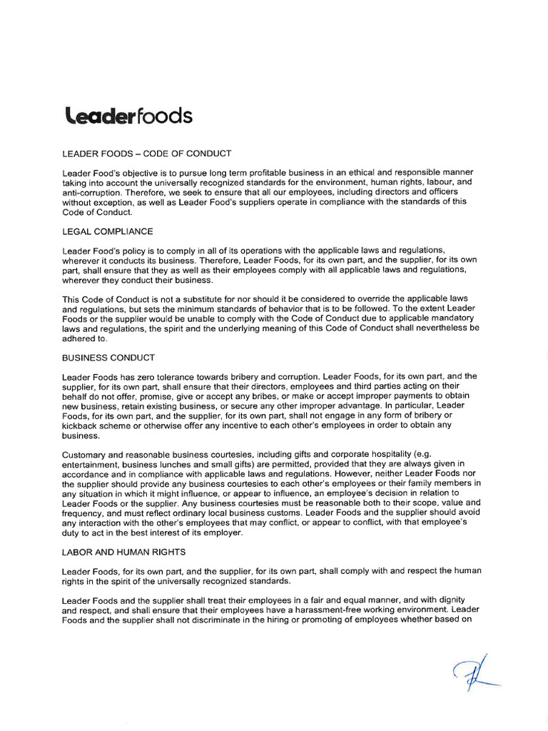 Leader-Foods-Code-of-Conduct-18.3.2022 | PDF | Employment | Bribery