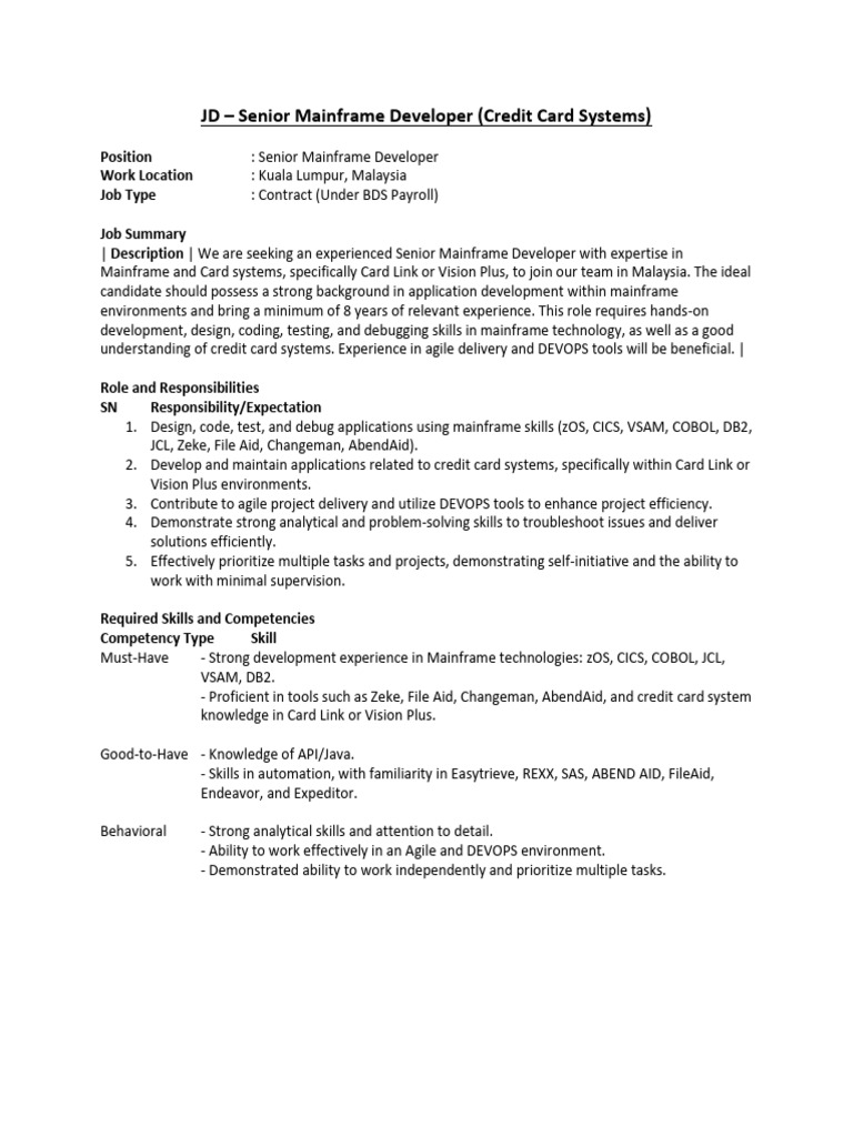 JD –Senior Mainframe Developer (Credit Card Systems) | PDF