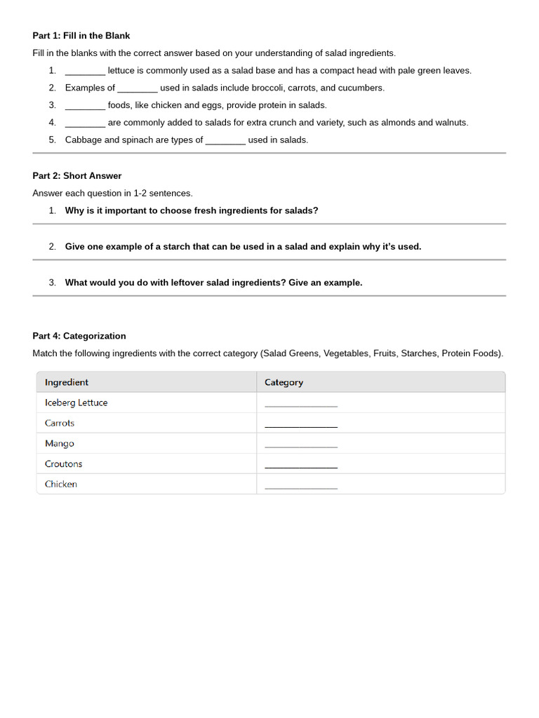 Cookery 9 - Components of Salads | PDF | Salad | Lettuce