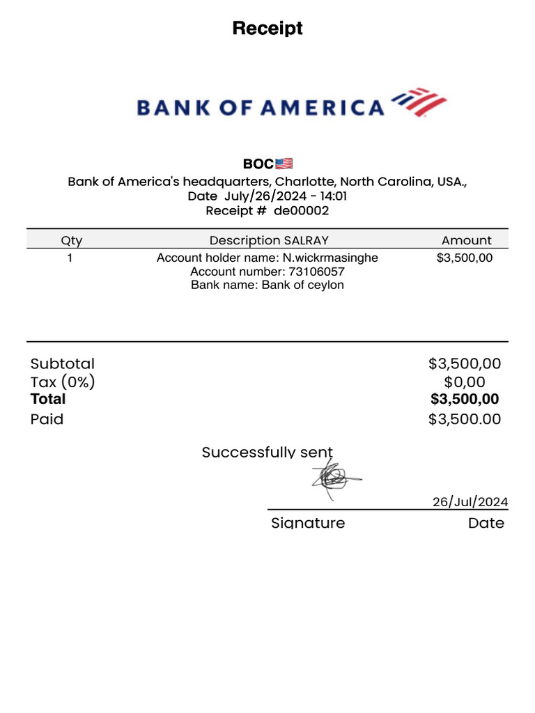 Bank of America Receipt - July 2024 | PDF