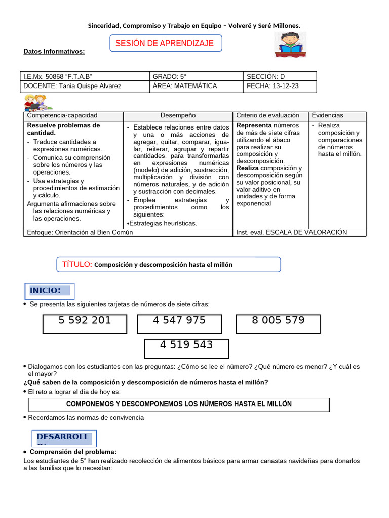 Sesion Matematica - Composicion y Descomposicion Hasta El Millon | PDF ...