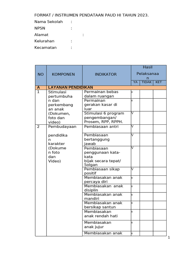 Format Pendataan PAUD HI 2023 | PDF