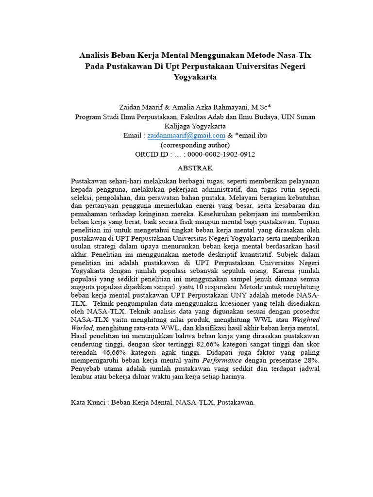 Analisis Beban Kerja Mental Pada Pustakawan Menggunakan Metode NASA-TLX ...