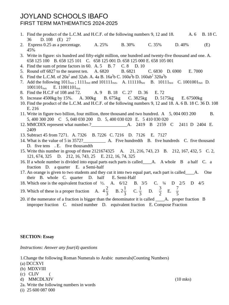 JSS 1 FIRST TERM MATHEMATIC 2024-2025. | PDF | Numbers | Mathematical Objects