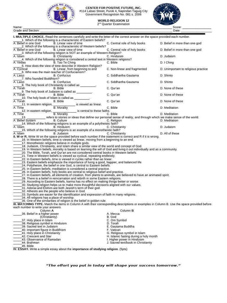2nd Quarterly Exam World Religion 12 | PDF | God | Polytheism