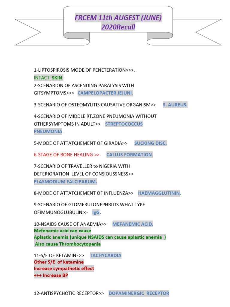 7-FRCEM Primary Recalls 11th August 2020 | PDF | Medical Specialties