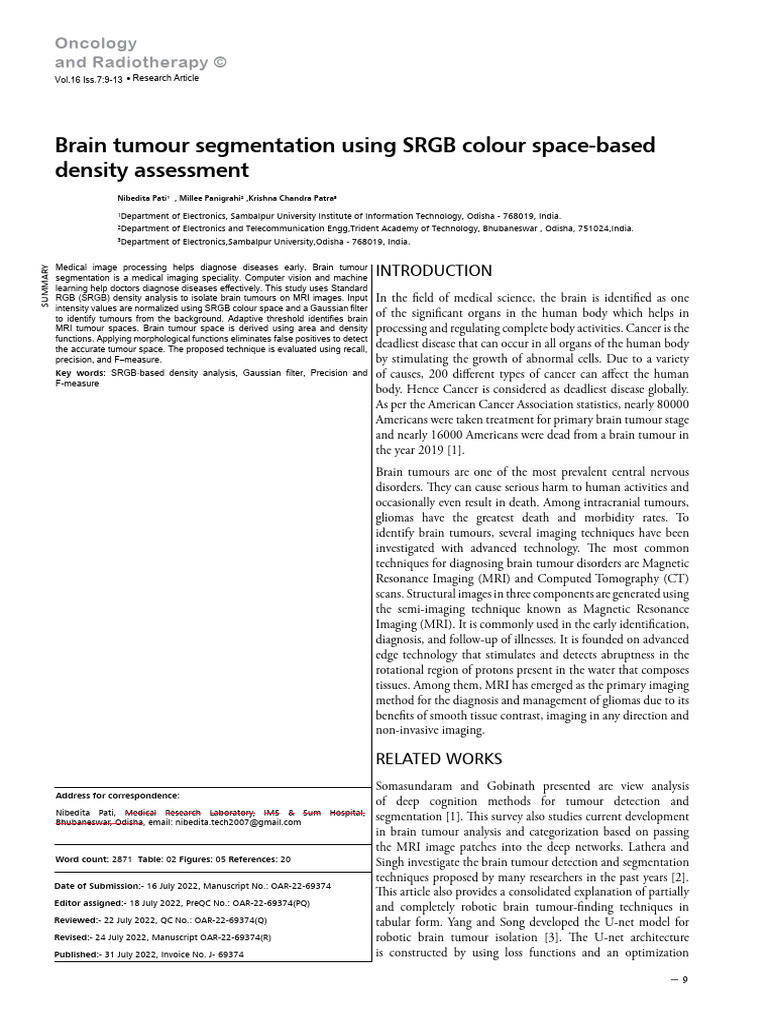 Brain Tumour Segmentation Using Srgb Colour Spacebased Density Assessment | PDF | Medical ...