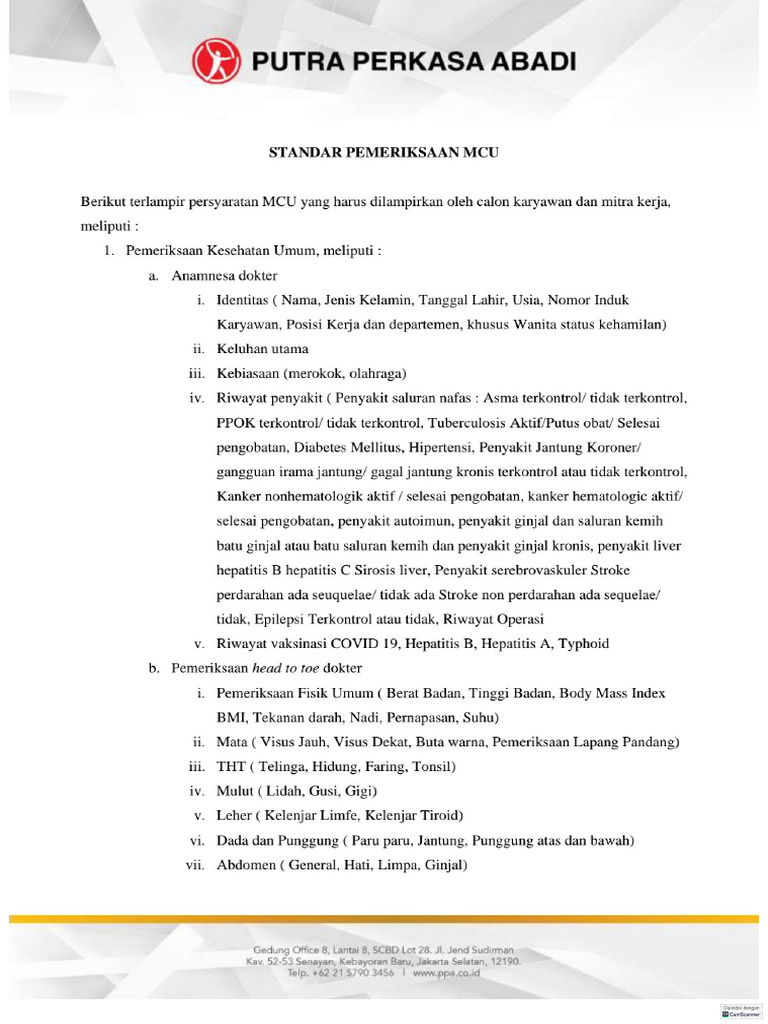 Daftar Pemeriksaan MCU PPA BA | PDF