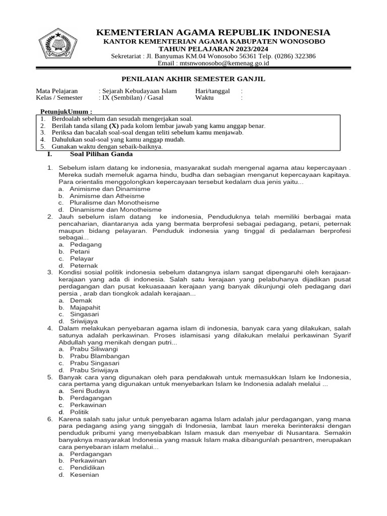 SOAL PAS SKI KLS IX 2324 Ganjil Online | PDF