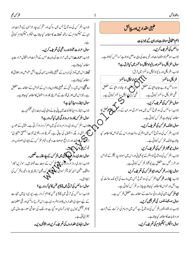 9th Class Physics Notes Chapter No.1 | PDF