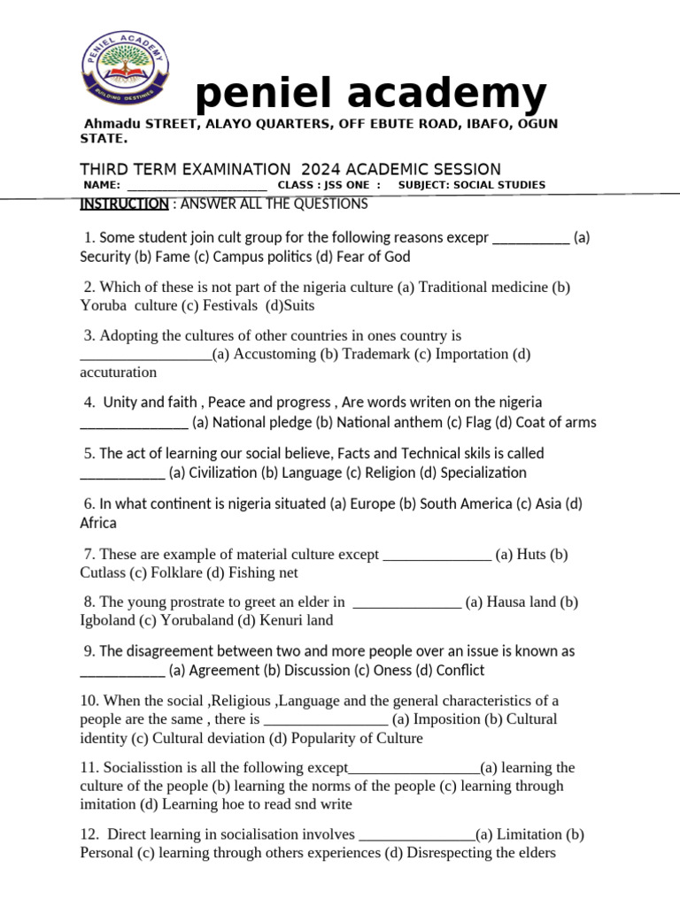 JSS 1 Social Studies Third Term Examination 2024 | PDF | Socialization ...