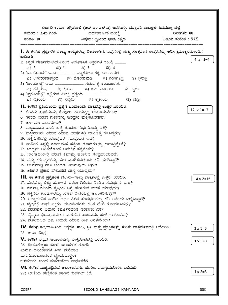 10th STD SL Kannada Sa-1 Question Paper 2024-25 | PDF