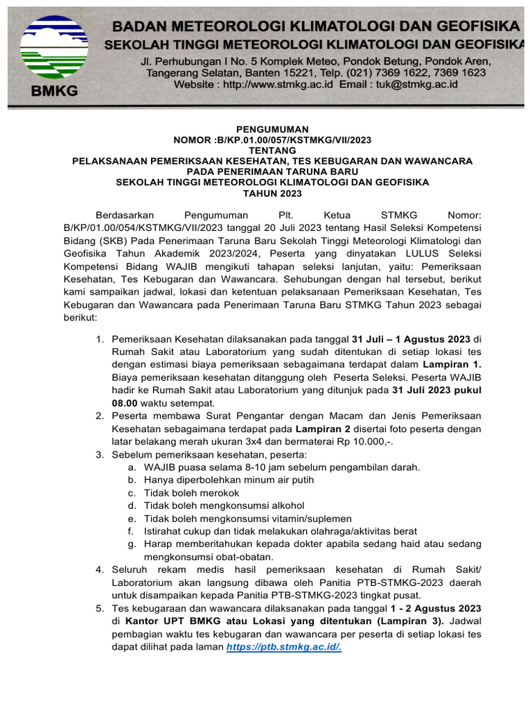Pengumuman Tes Taruna Baru STMKG | PDF