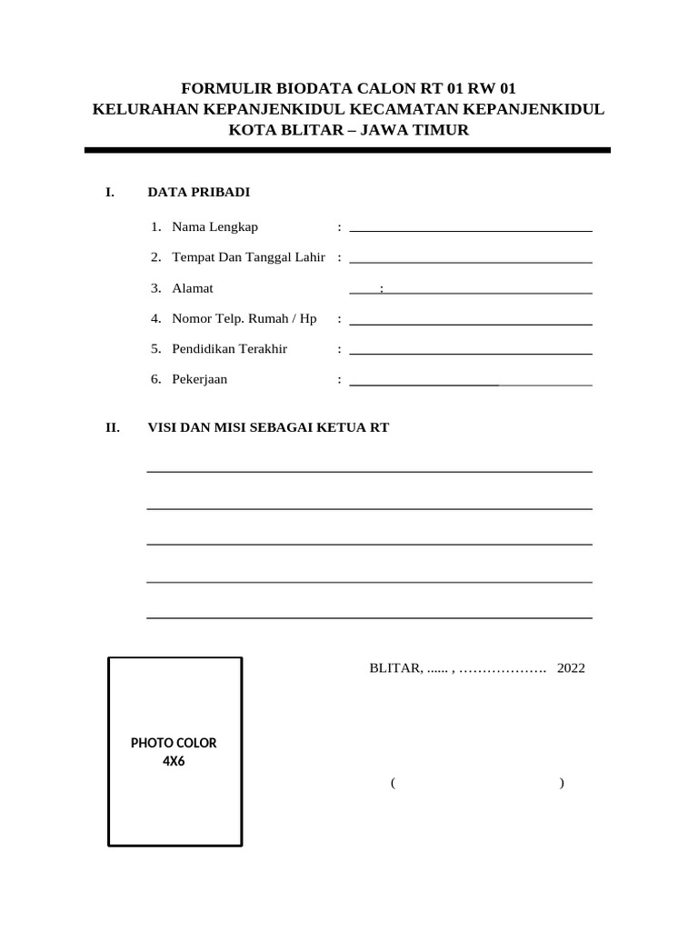 Formulir Biodata Calon RT 01 RW 01 | PDF
