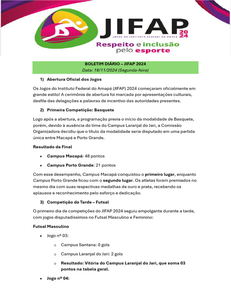 Boletim Diário 001 - Jifap 2024 | PDF | Esportes
