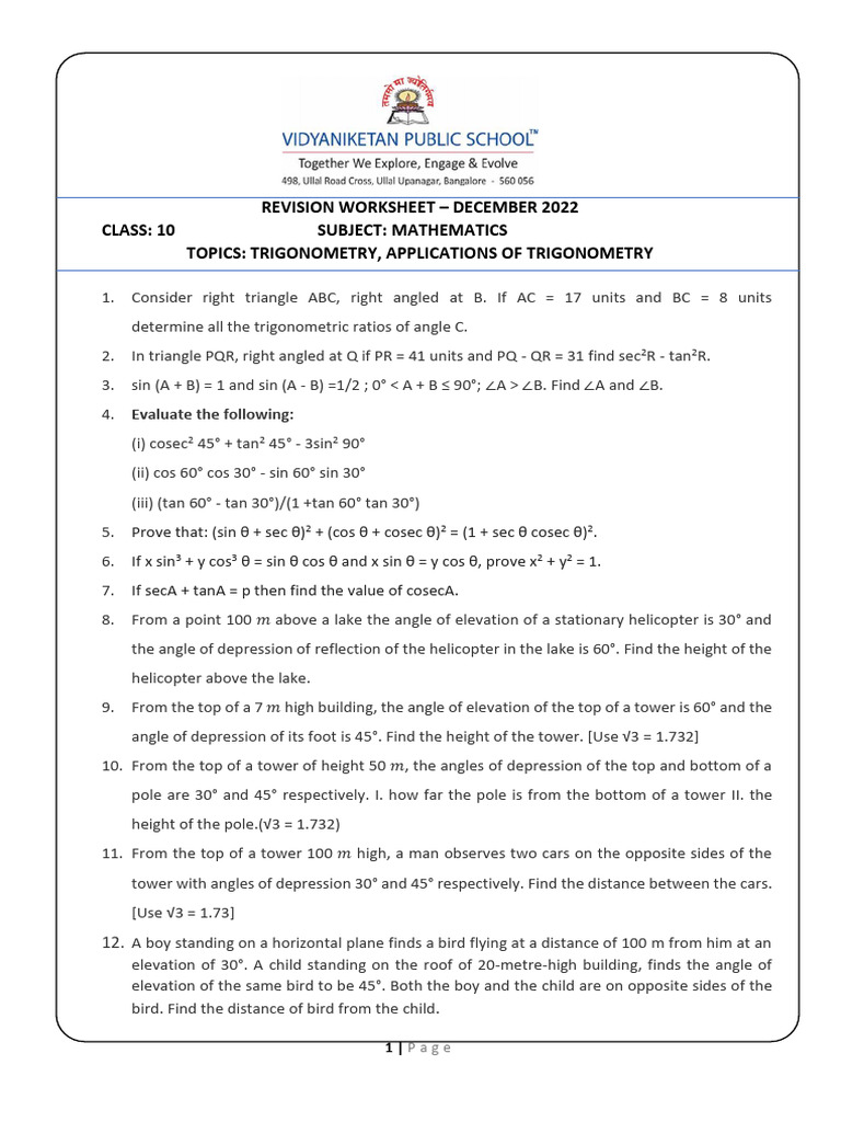 Class 10 Trigonometry Worksheet | PDF | Air Traffic Control | Trigonometry
