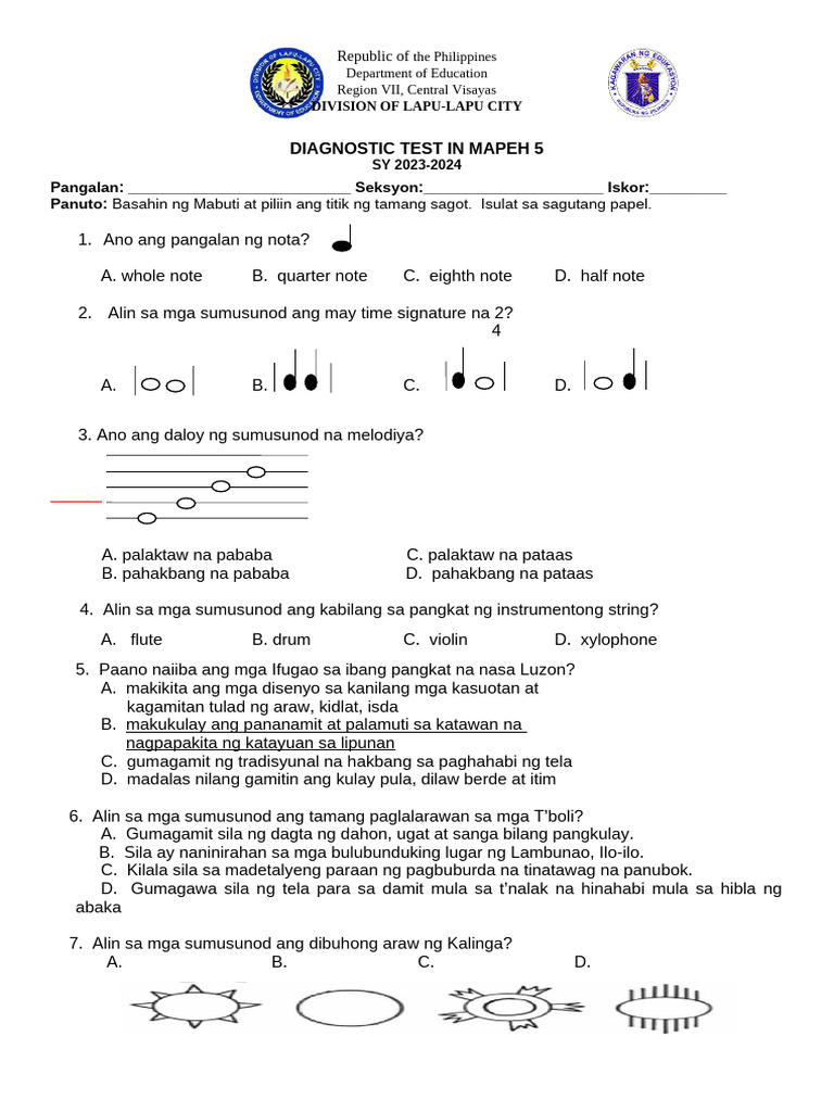 Mapeh 5 Diagnostic Test | PDF