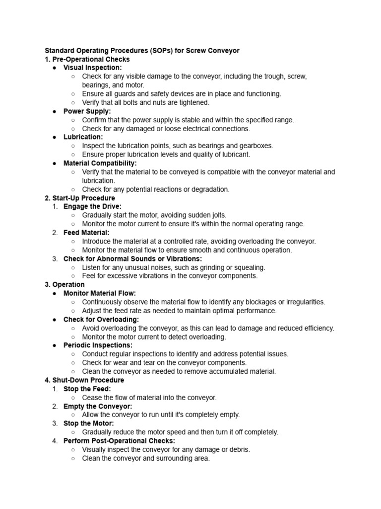 SOP's of Screw Conveyor | PDF | Bearing (Mechanical) | Power Supply