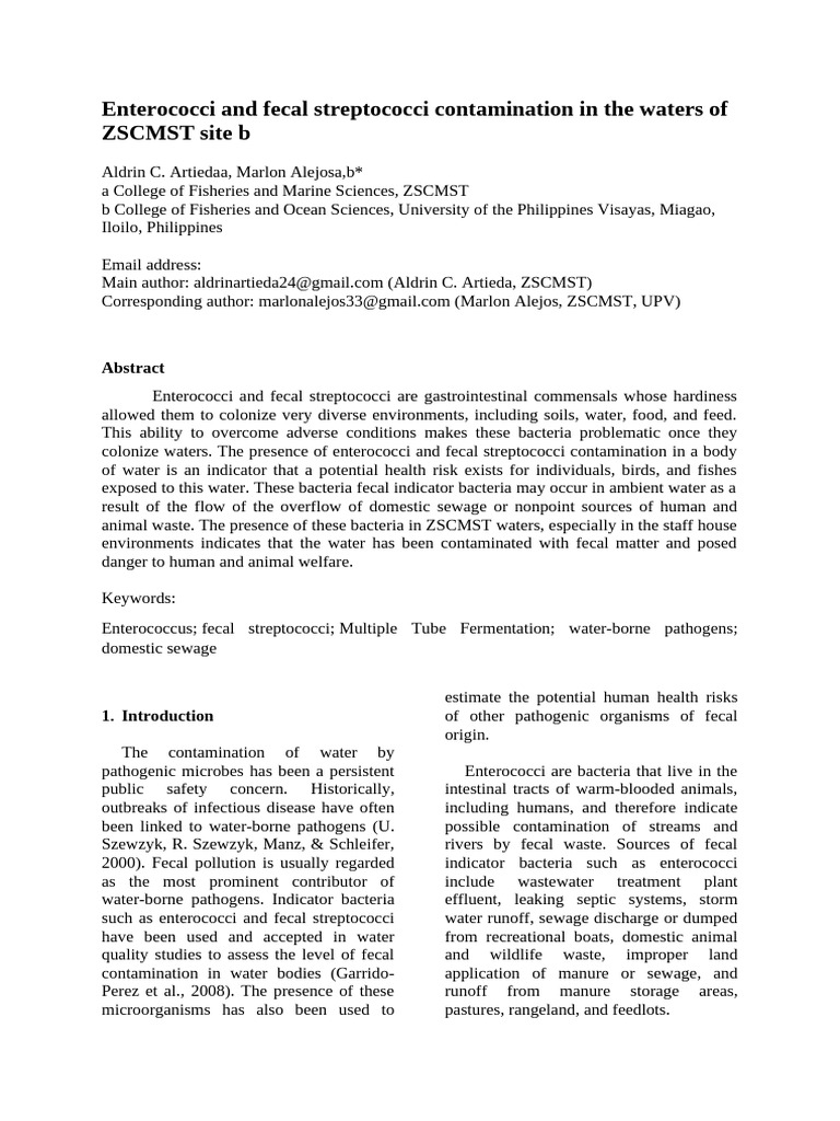 Enterococci and Fecal Streptococci in ZSCMST Waters | PDF | Water ...