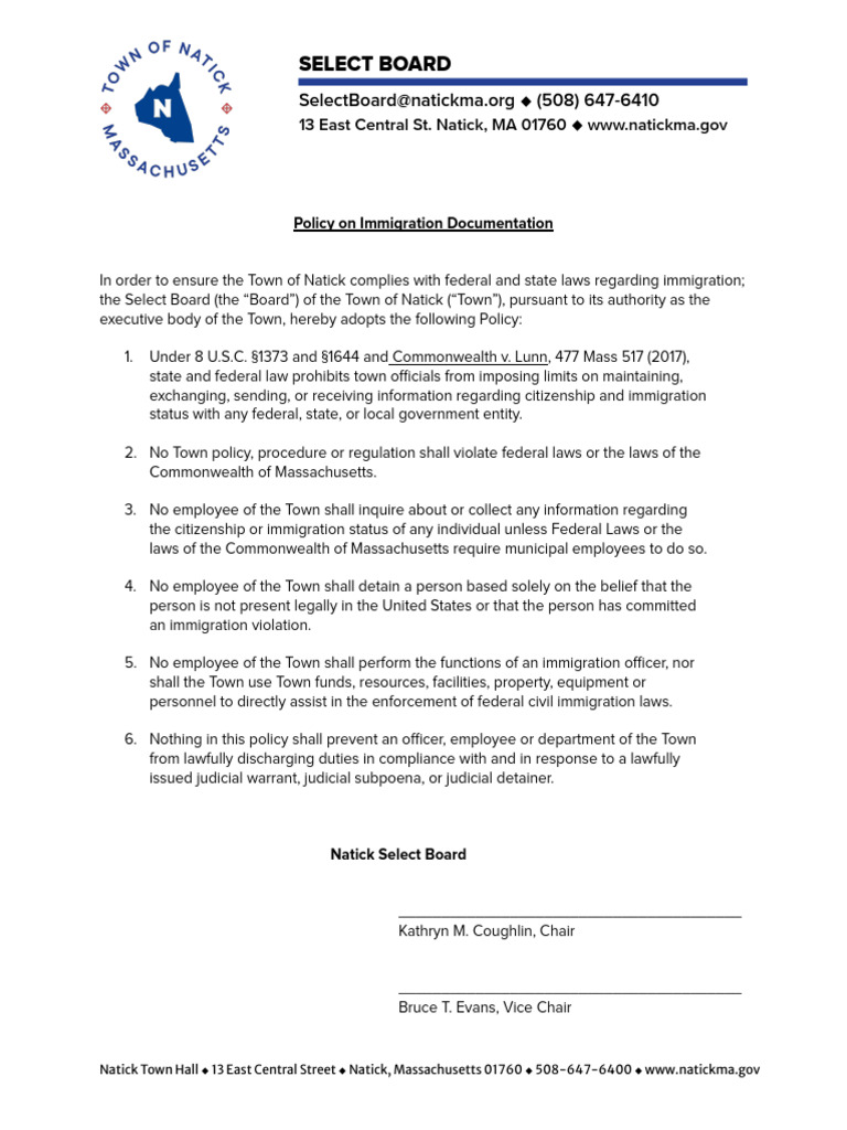Natick Immigration Documentation Policy | PDF | Law Of The United ...