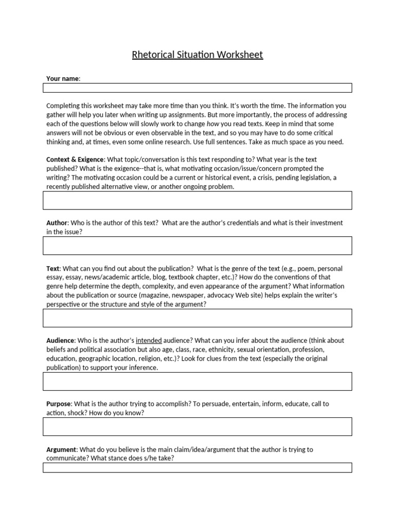 Rhetorical Situation Worksheet | PDF | Cognition | Human Communication