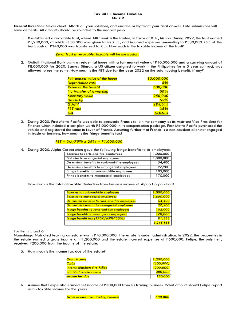 Quiz 2 - with answers | PDF | Taxes | Income