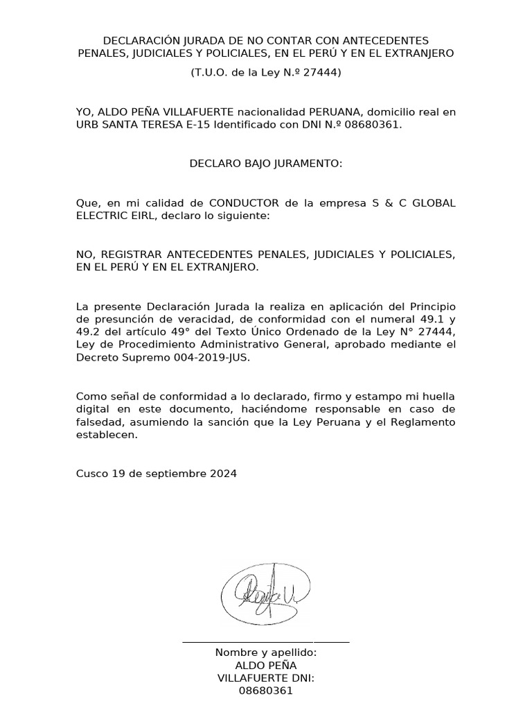 Declaración Jurada de No Contar Con Antecedentes Penales | PDF