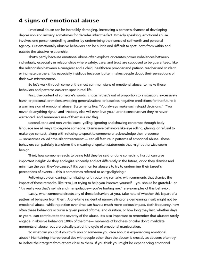 4 signs of emotional abuse | PDF | Psychological Abuse | Psychology