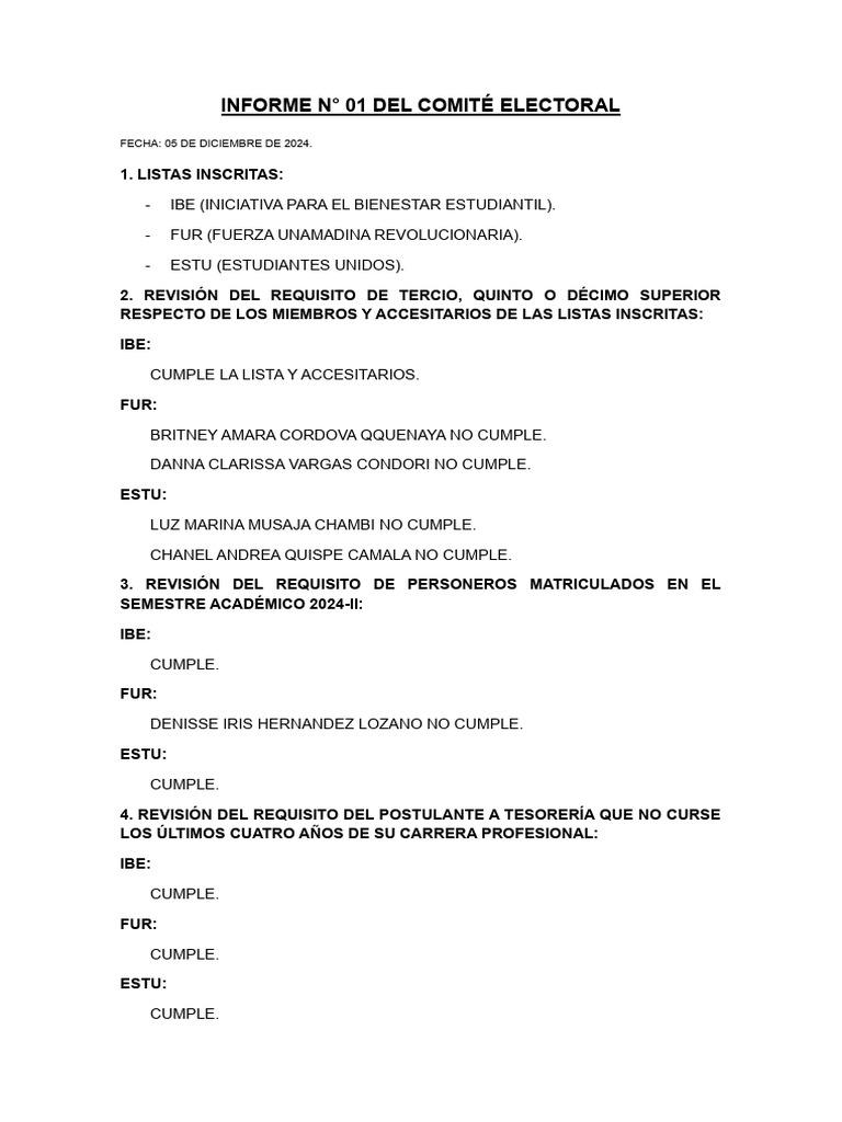 Informe #01 Del Comité Electoral | PDF