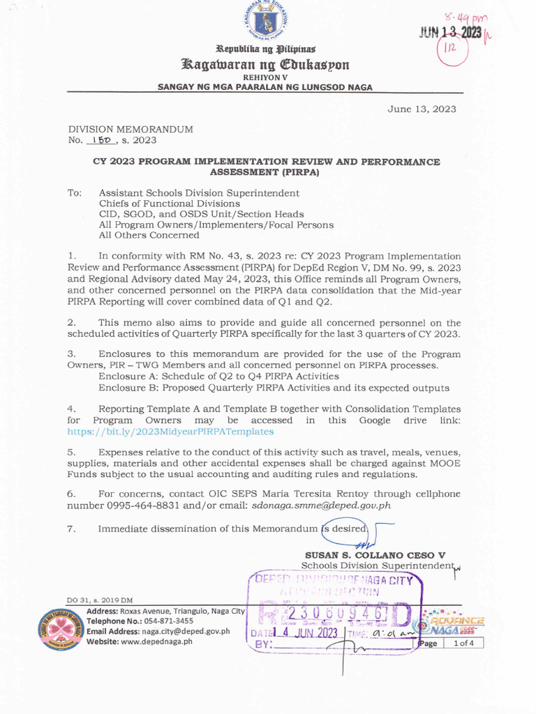 DM No. 150, S. 2023 CY 2023 Program Implementation Review and ...