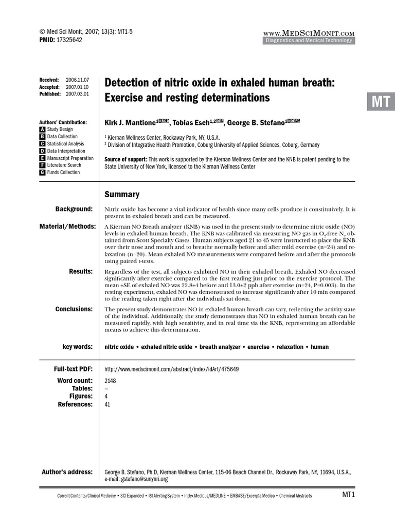 Detection of nitric oxide in exhaled human breath... | PDF | Red Blood ...