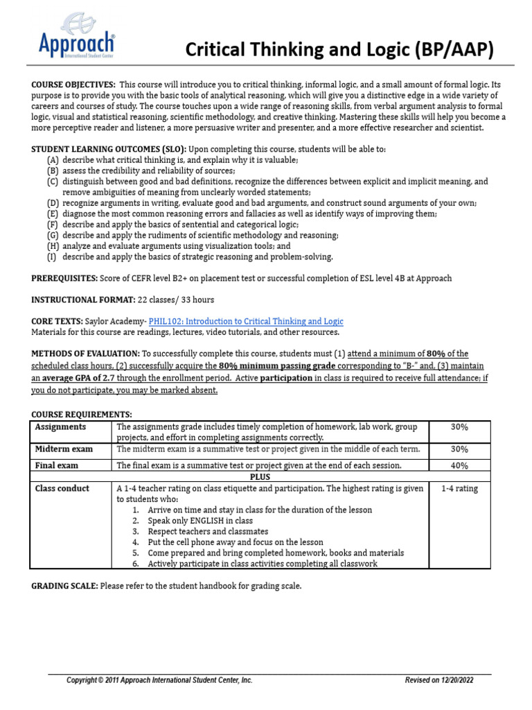 Winter 2023 BP - AAP Critical Thinking and Logic | PDF | Logic | Argument