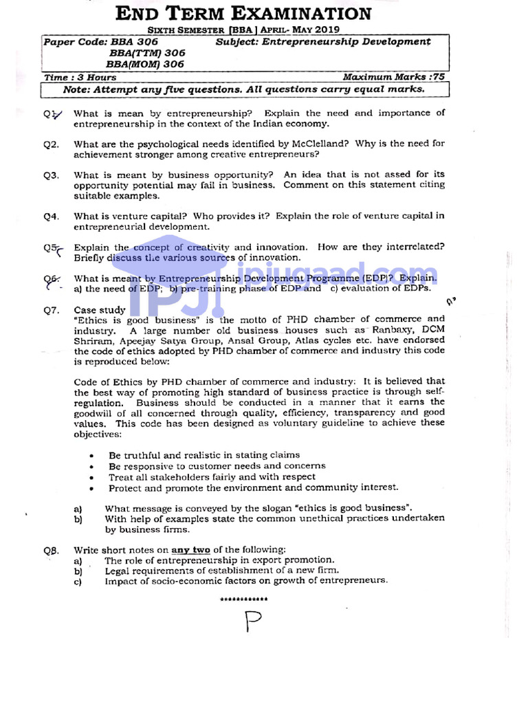 Ipjugaad_bba-5th-sem-entrepreneurship-development-paper-2019 | PDF