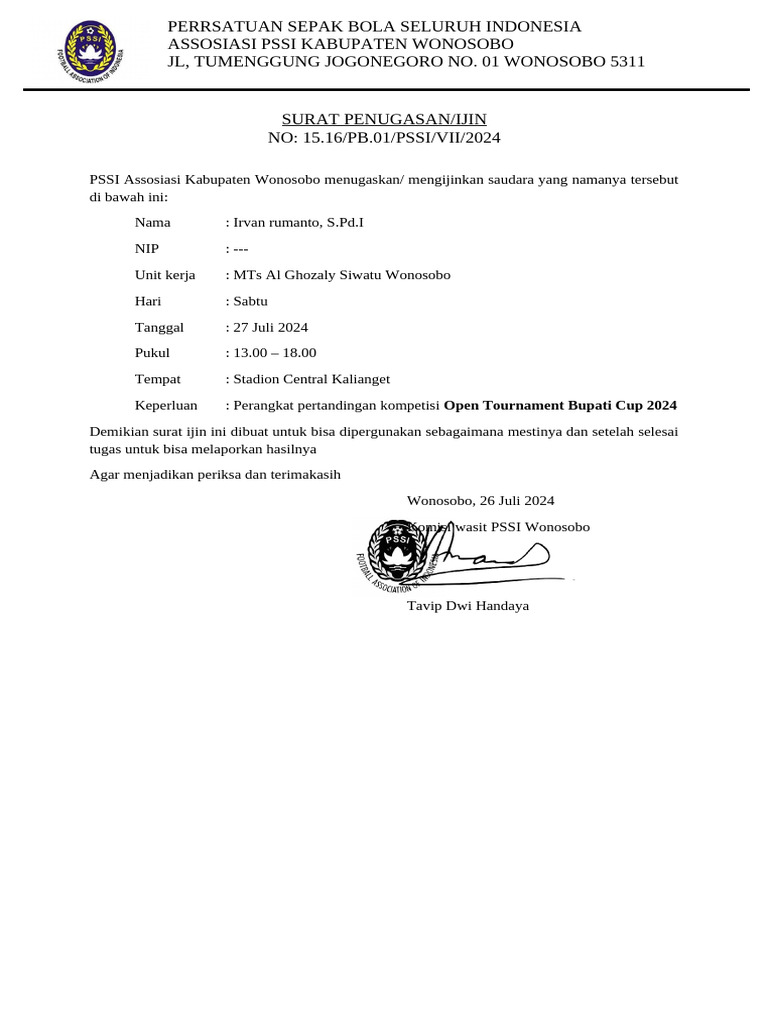 SURAT PENUGASAN wasit | PDF