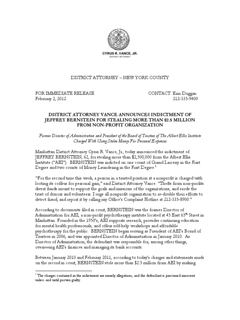 NY DA Indicts Jeffrey Bernstein for $2.5M Theft | PDF | Nonprofit ...